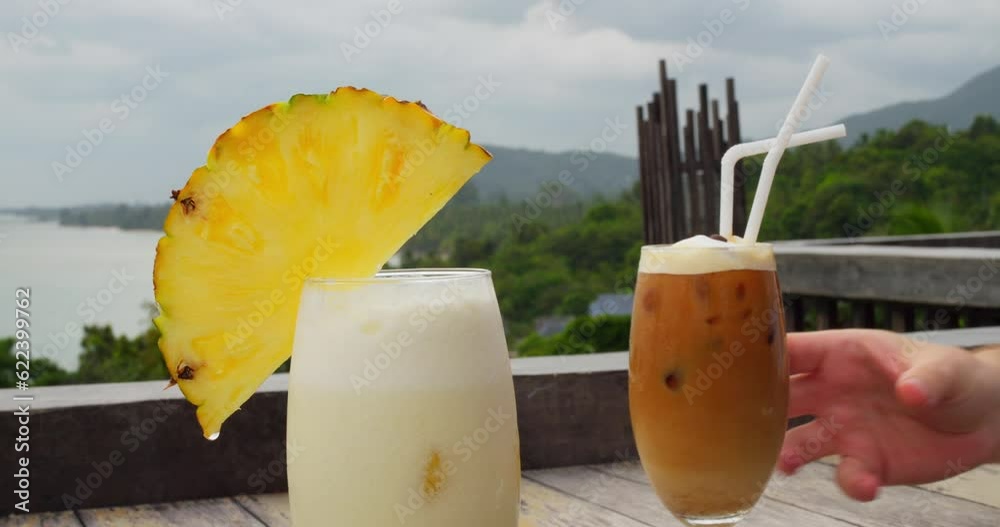 Tropical refreshing drinks in restaurant, summer vacation. Concept ...
