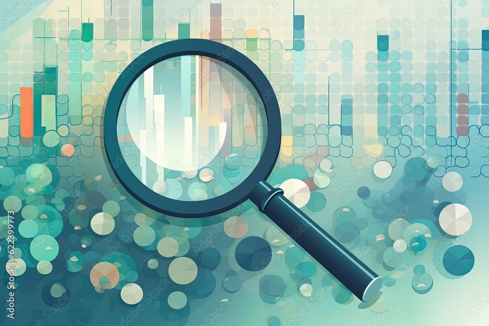 Magnifying glass analyzing bar charts on blue background, Data graphics ...