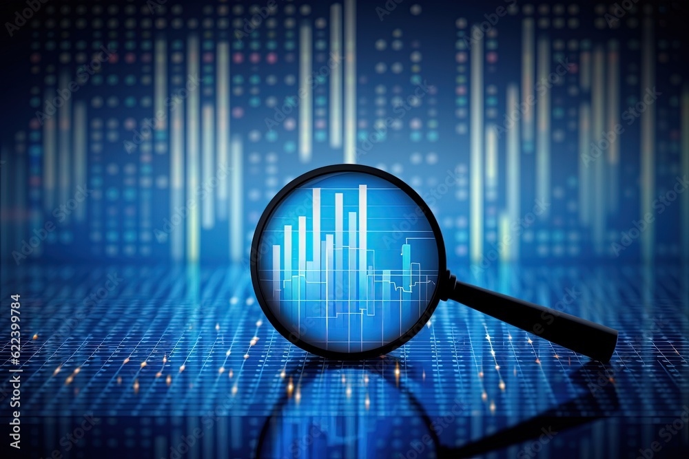 Magnifying glass analyzing bar charts on blue background, Data graphics ...