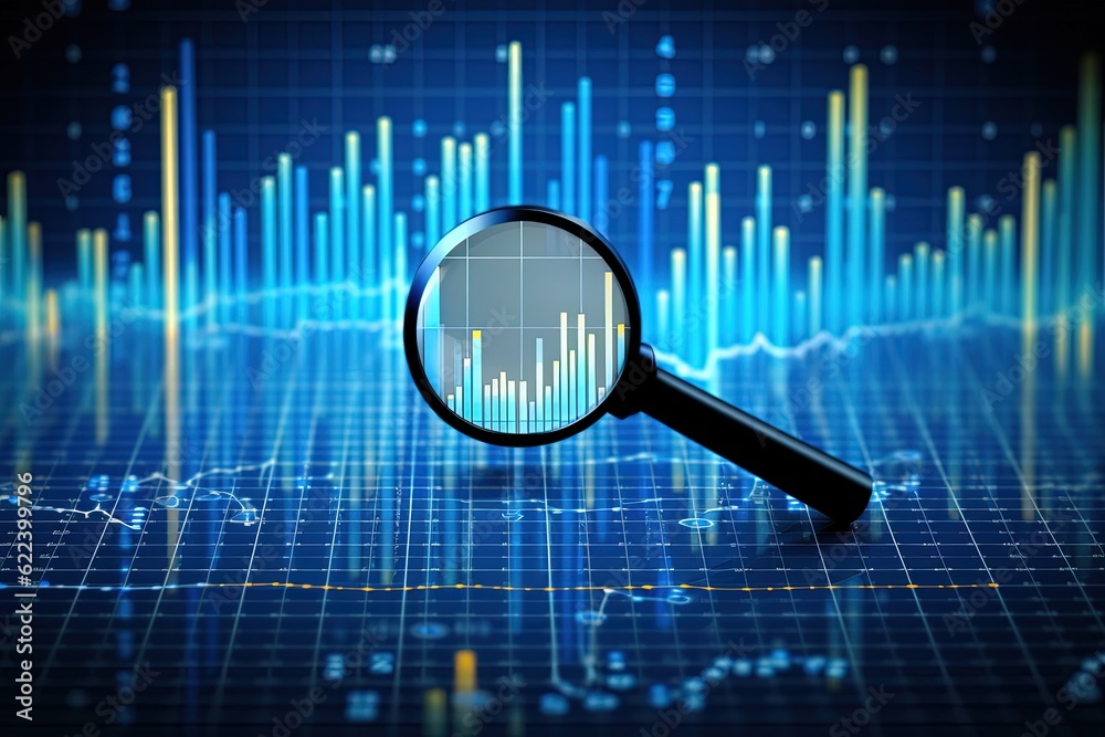 Magnifying glass analyzing bar charts on blue background, Data graphics ...