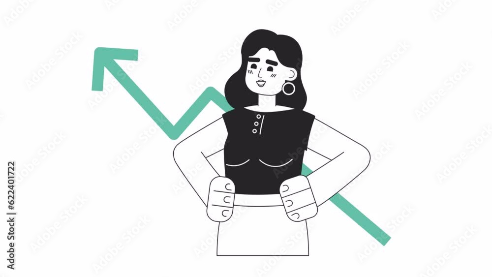 Stock trader woman with growing arrow bw 2D animation. Success chart 4K ...