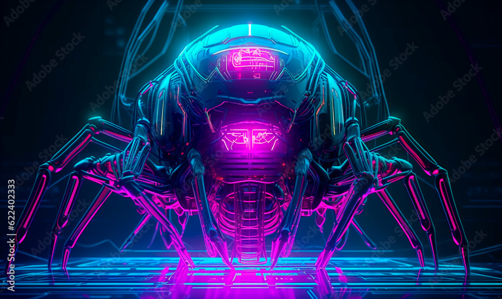 Purple spider robot on digital web background. Neon techno 3d monster ...