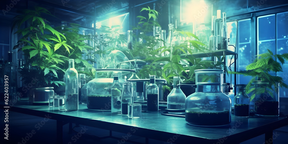 Cannabis Science, A laboratory filled with beakers, test tubes, and ...