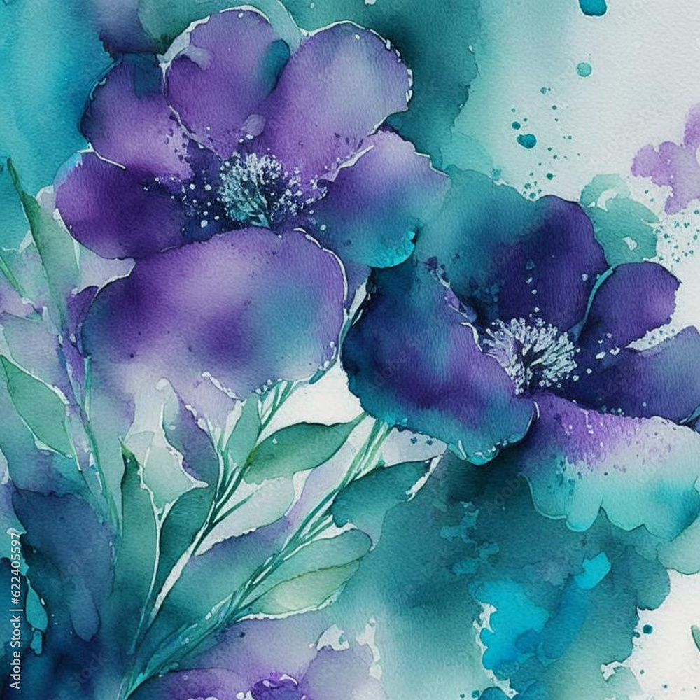 Purple and teal watercolor flowers with stems and leaves. Watercolor ...