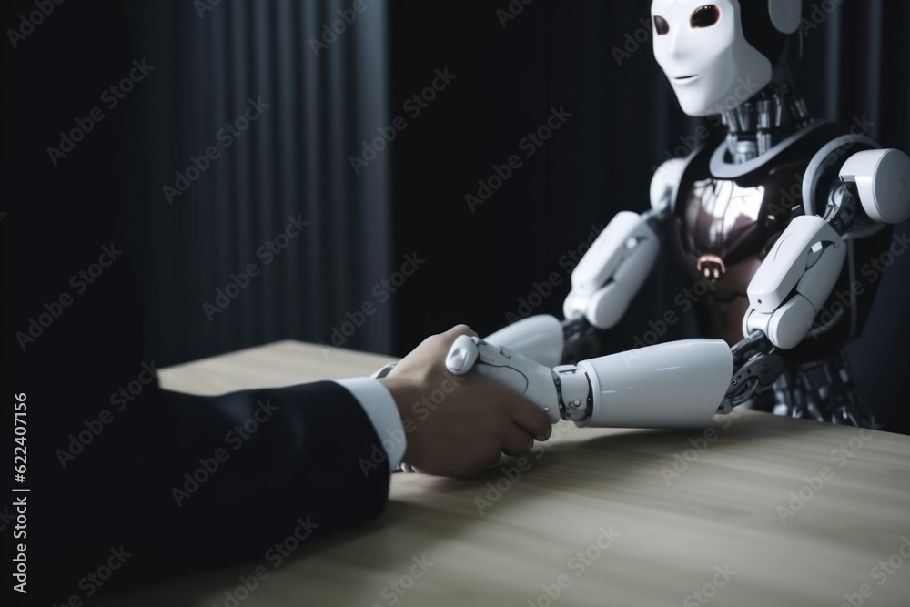Man human sitting with robot behind the table, shaking hands, on job ...