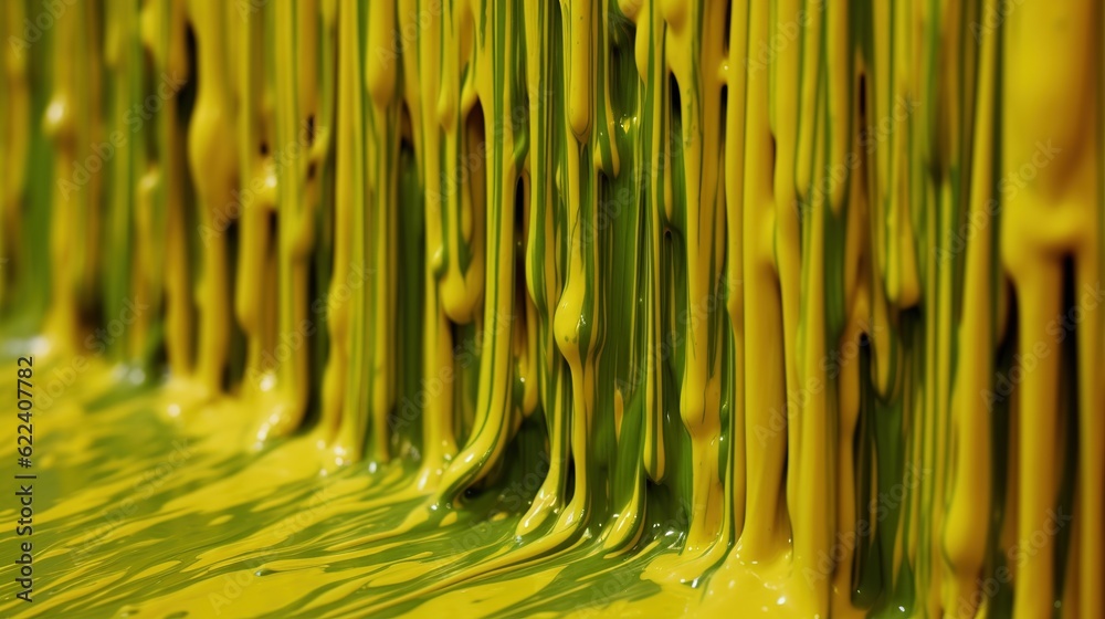 Green paint dripping down. Texture of the wall roughly painted in two ...