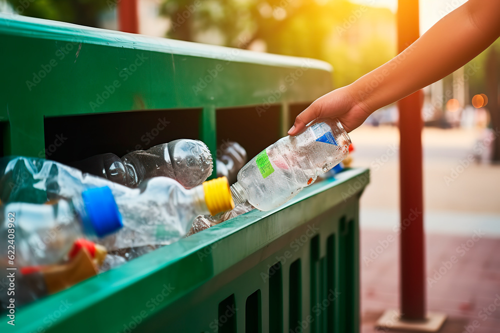 Hand throwing plastic bottle recycling container garbage sorting ...