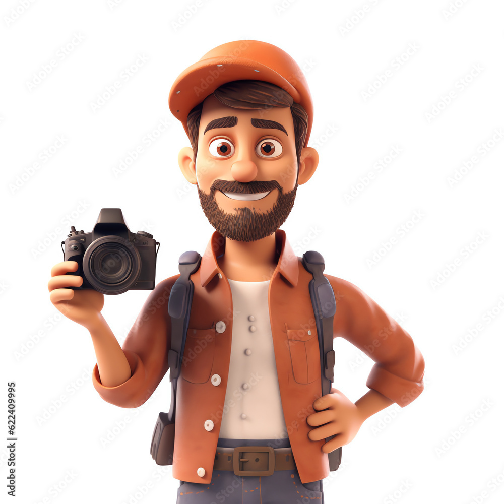 Cartoon tourist with a camera, standing on isolated white background ...