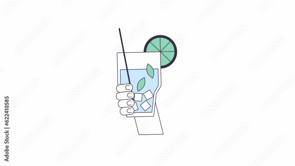 Vidéo Stock Holding cocktail summer drink line 2D hand animation. Mint ...