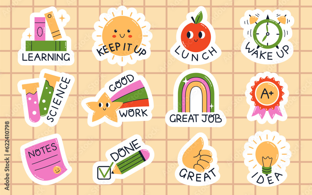 Vector collection of funny school stickers for study. Set with trendy ...