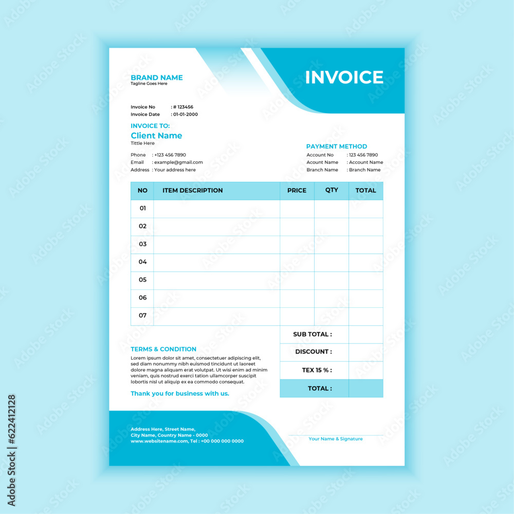 Business invoice Layout with Bright Cerulean Accents Bill form business ...