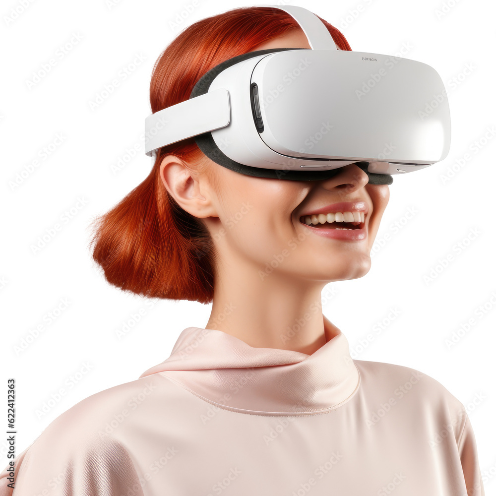 Portrait of a smiling pretty red haired model wearing a VR headset ...