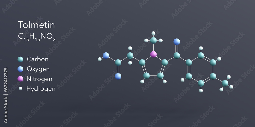 tolmetin molecule 3d rendering, flat molecular structure with chemical ...