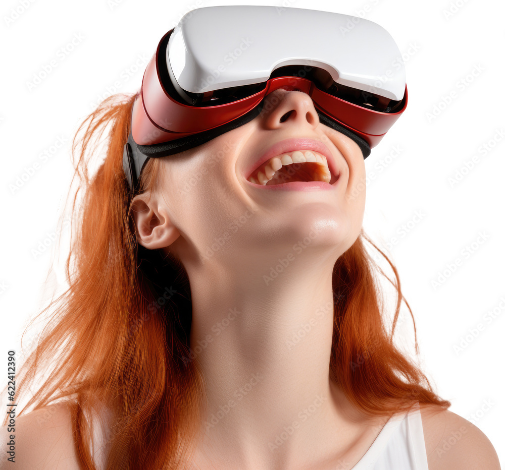 Portrait of a smiling pretty red haired woman wearing a VR headset ...