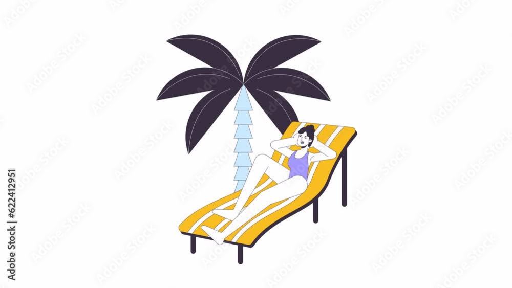 Woman sunbathing on beach line cartoon animation. Relaxing on poolside ...