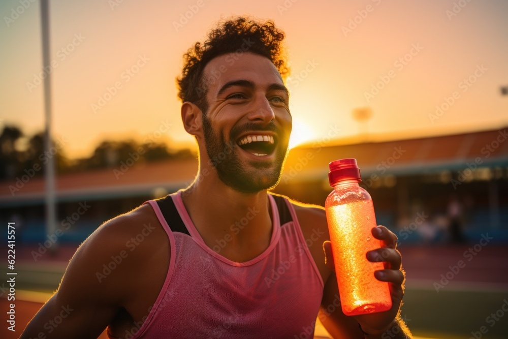 a photo of a latino male sprinter athlete on a track holding in his ...