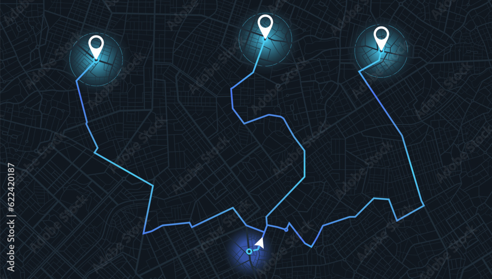 GPS navigator screen with street roads and location, destination points ...