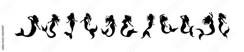 Vector illustration. Fish girl silhouette. Mermaid underwater. Fish ...