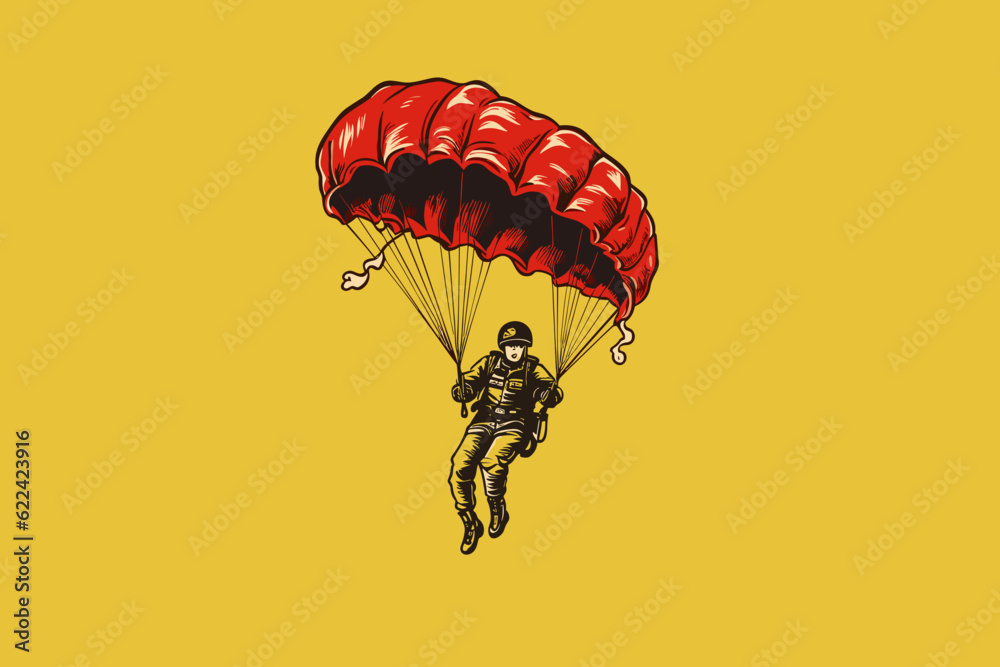 Doodle inspired Airborne paratrooper, cartoon sticker, sketch, vector ...