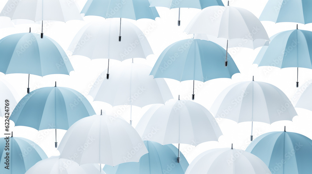 blue and white umbrellas and rain drops on a white background Stock ...