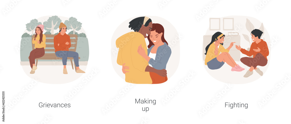 Teenage couple problems isolated cartoon vector illustration set. Two ...
