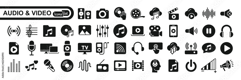Audio Video Icons Pack. Flat icon collection set. Simple vector icons ...