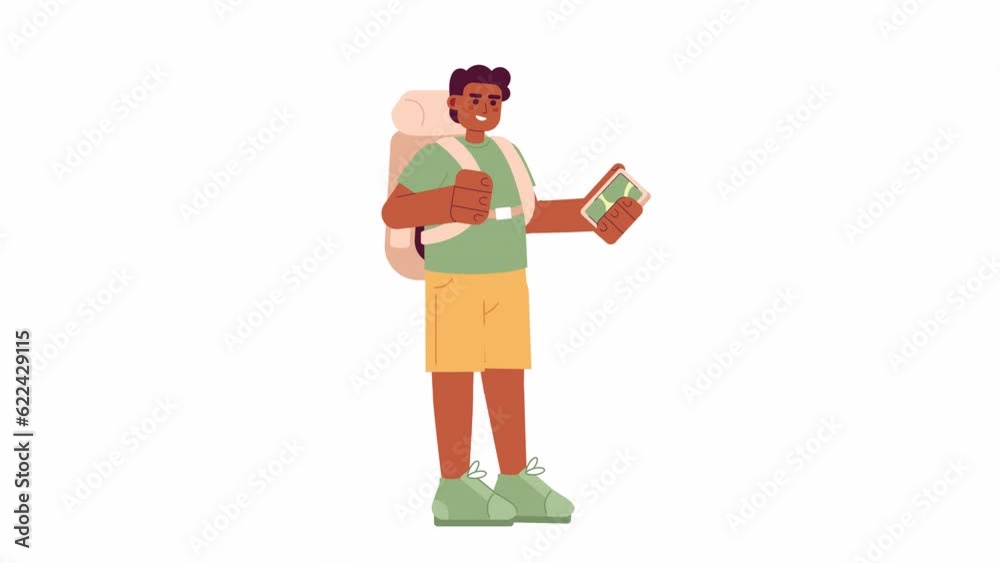 Hiker looking at location tracking app 2D animation. Male trekker with ...