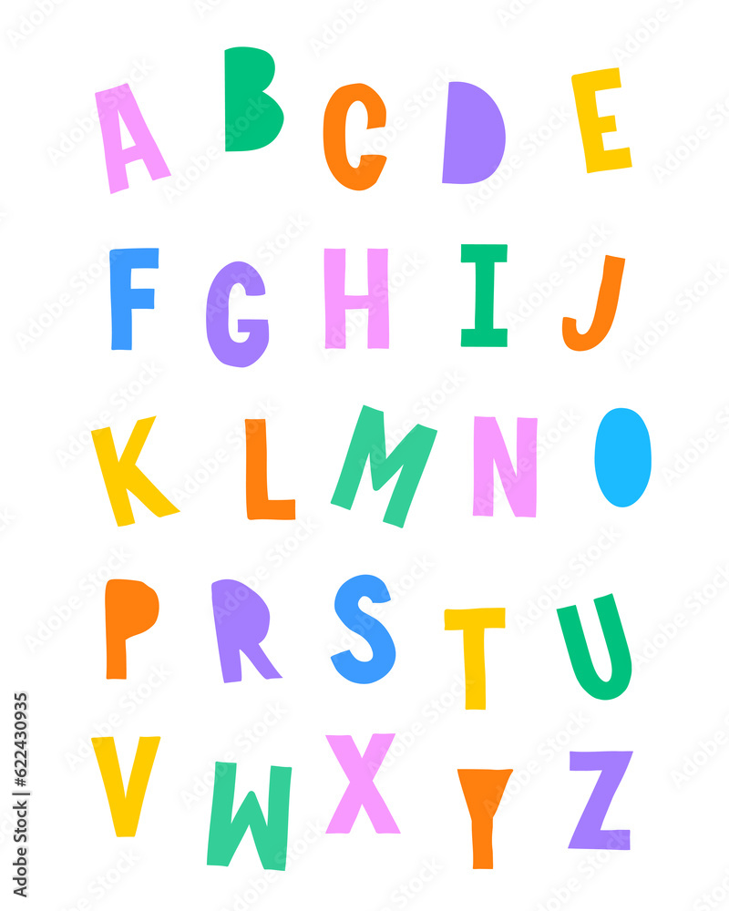 Funny Vector Illustration with Colorful Hand Drawn Alphabet. Infantile ...