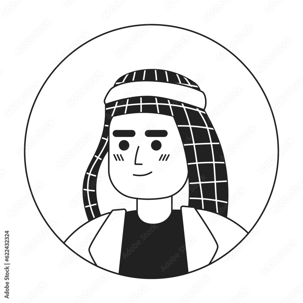 Handsome Arab Man In Hijab Monochrome Flat Linear Character Head