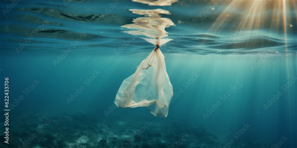 A plastic bag trash floating underwater in the sea, sea life pollution ...