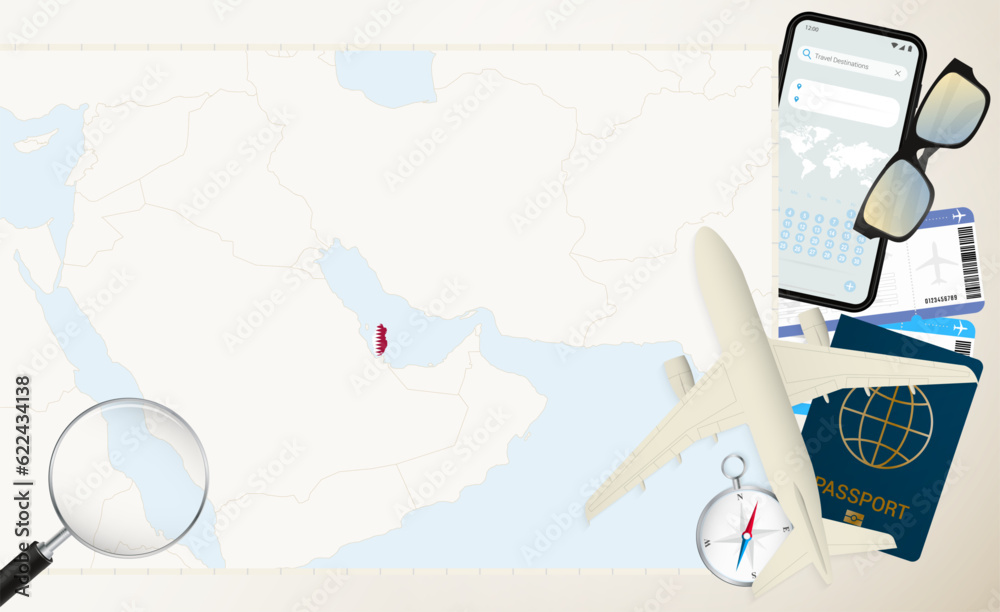 Qatar map and flag, cargo plane on the detailed map of Qatar with flag ...