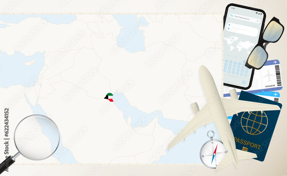 Kuwait map and flag, cargo plane on the detailed map of Kuwait with ...