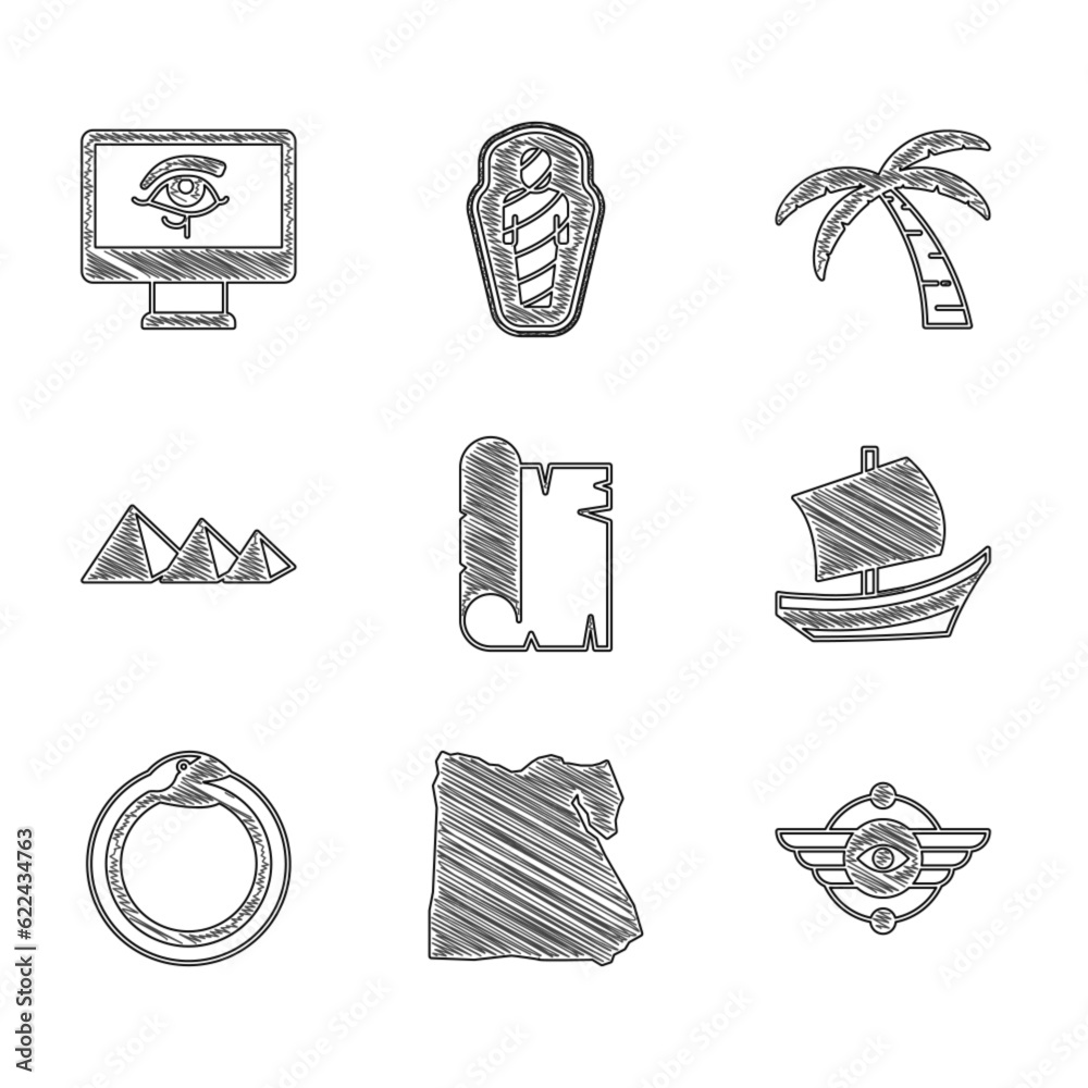 Set Papyrus scroll, Map of Egypt, Egyptian symbol Winged sun, ship ...