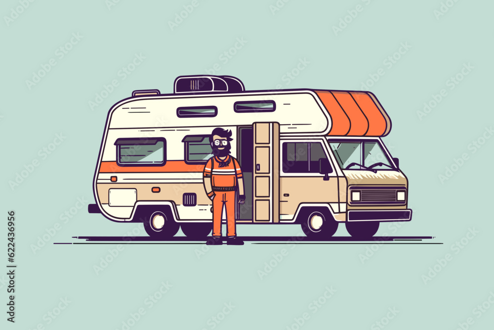 Doodle inspired RV owner, cartoon sticker, sketch, vector, Illustration ...