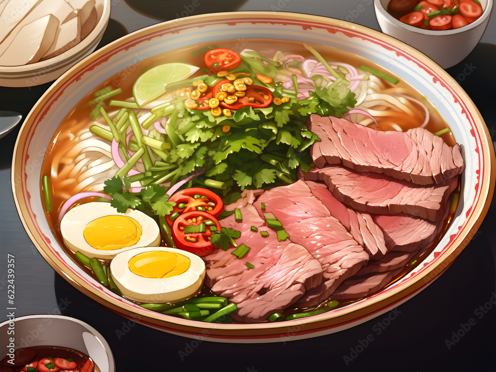 Pho Noodles illustration, Vietnamese noodle bowl with beef, Top view ...