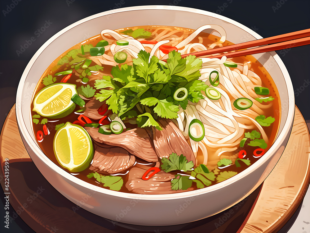 Pho Noodles illustration, Vietnamese noodle bowl with beef, Top view ...