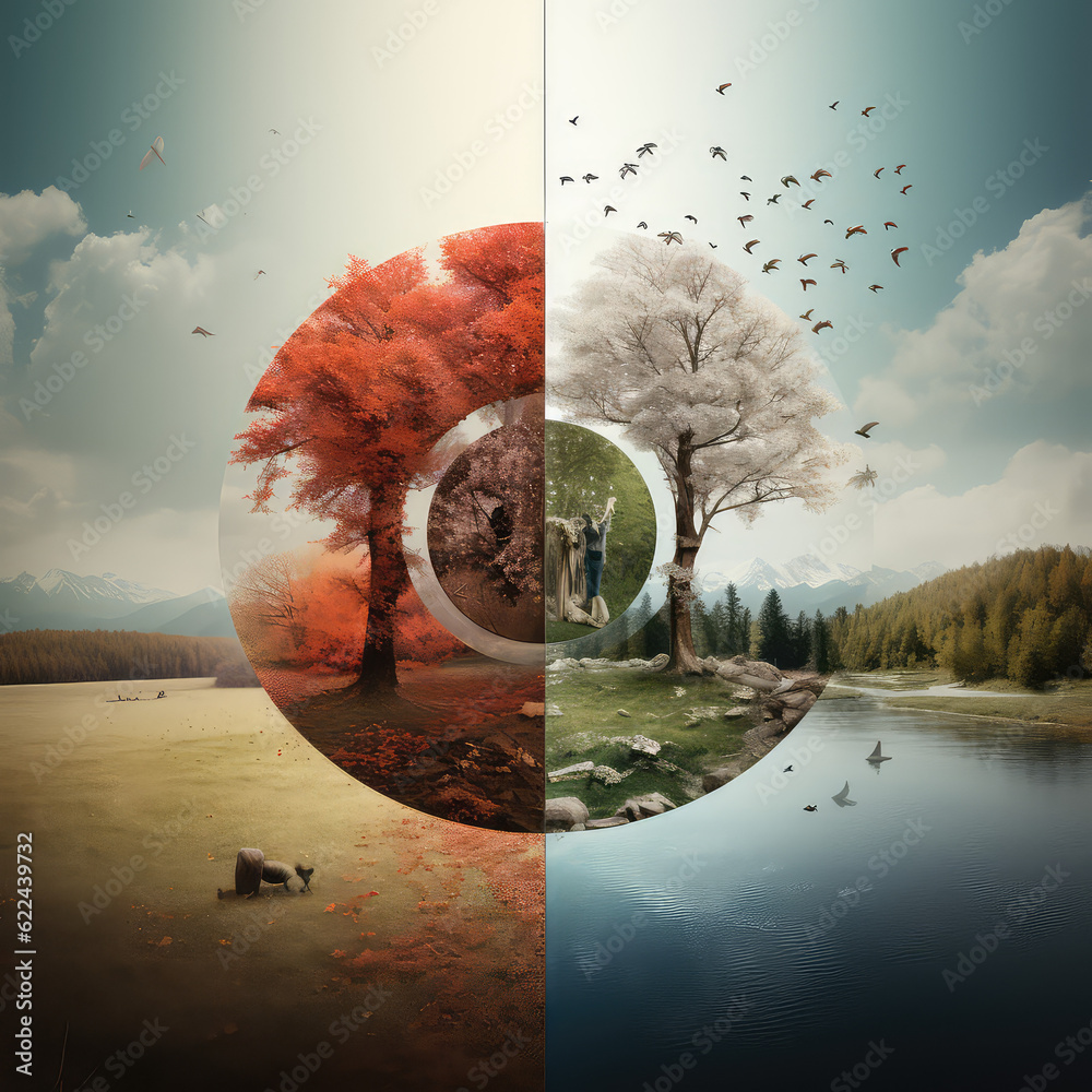 Creative collage drawing with change of seasons, natural landscape with ...