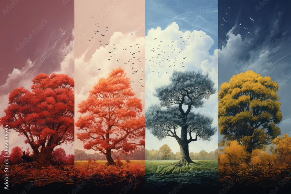 Creative collage drawing with change of seasons, natural landscape with ...