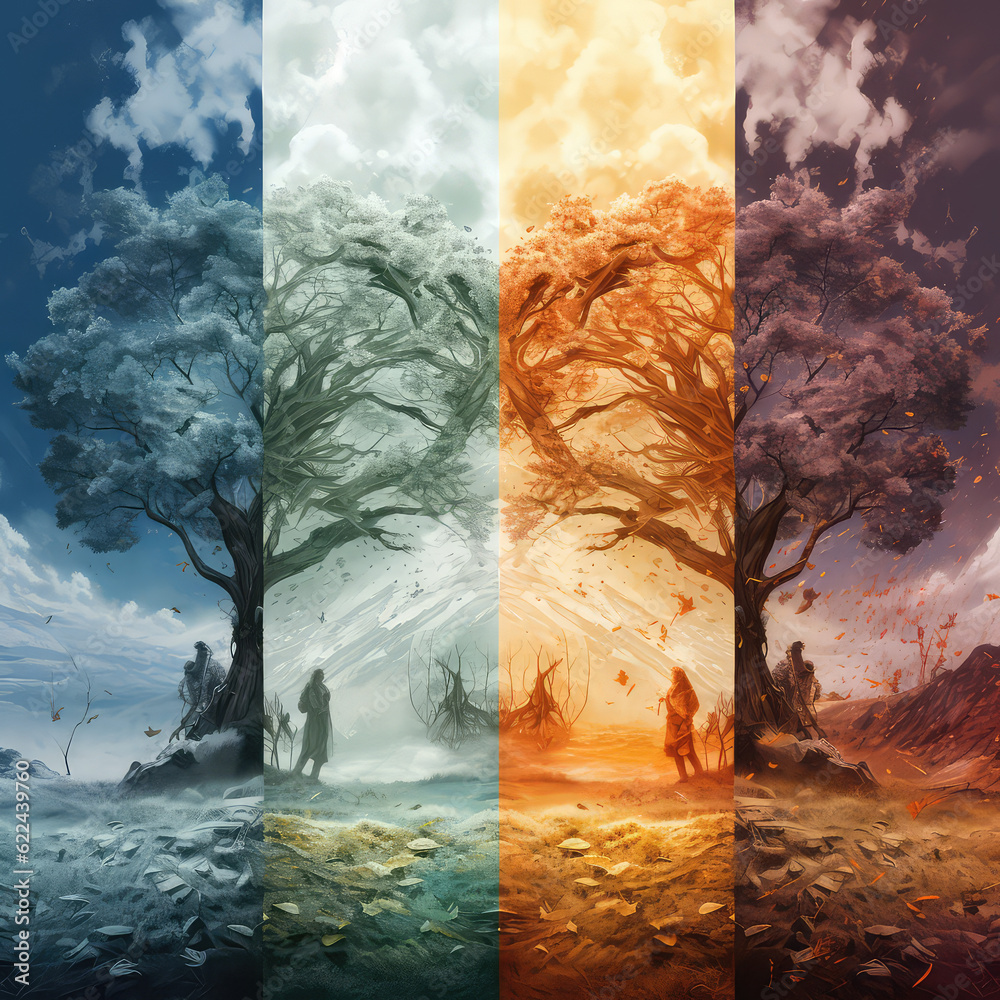 Creative collage drawing with change of seasons, natural landscape with ...