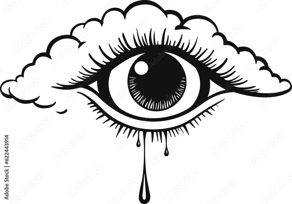Crying eye with clouds, dripping eye vector illustration traditional ...