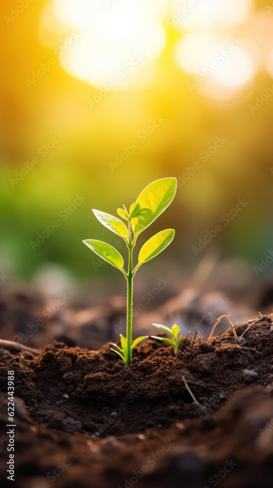 Growing Seedling with Morning Sunshine on Green Bokeh Background, AI ...