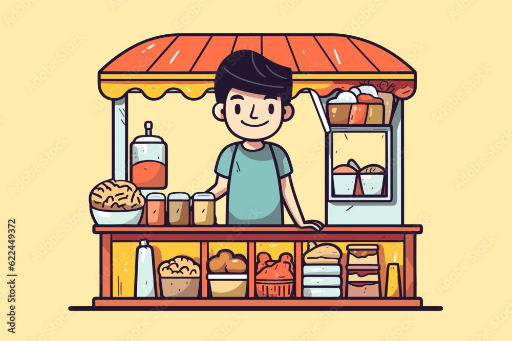 Doodle inspired Food stall vendor, cartoon sticker, sketch, vector ...