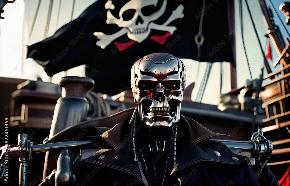 low angle view of a scary metal cyborg robot with a steel skull red ...