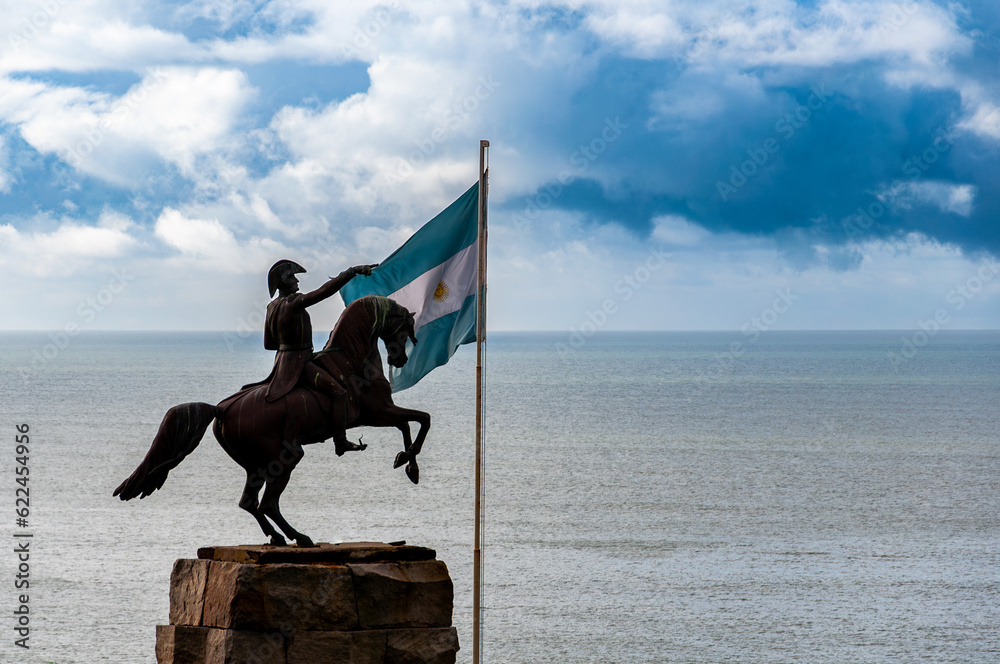 General Jose de San Martin monument with the argentine flag, on July 10 ...