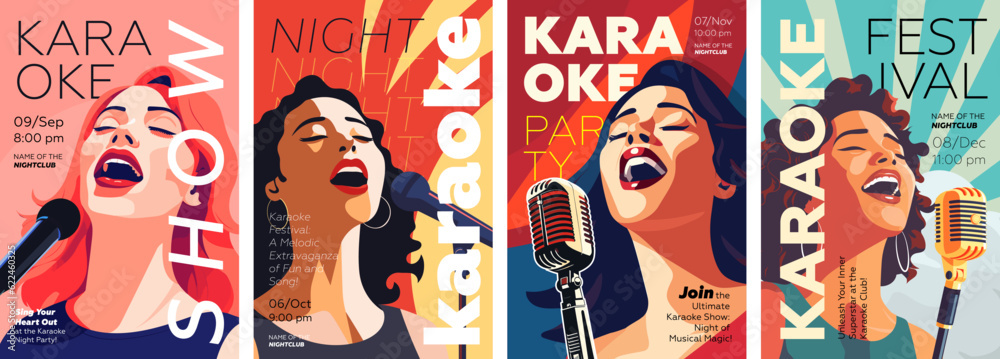 Karaoke party show poster set. Music night club festival drawing art ...