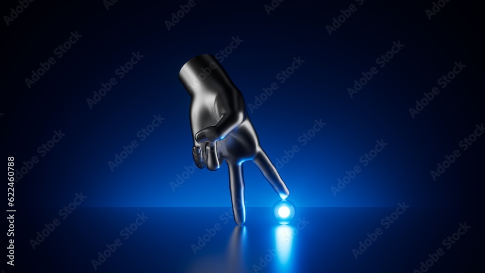 3d render, abstract metallic human hand, small glowing glass ball ...