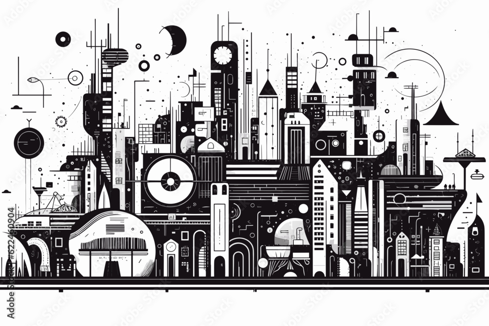 Doodle inspired Futuristic Cities, cartoon sticker, sketch, vector ...