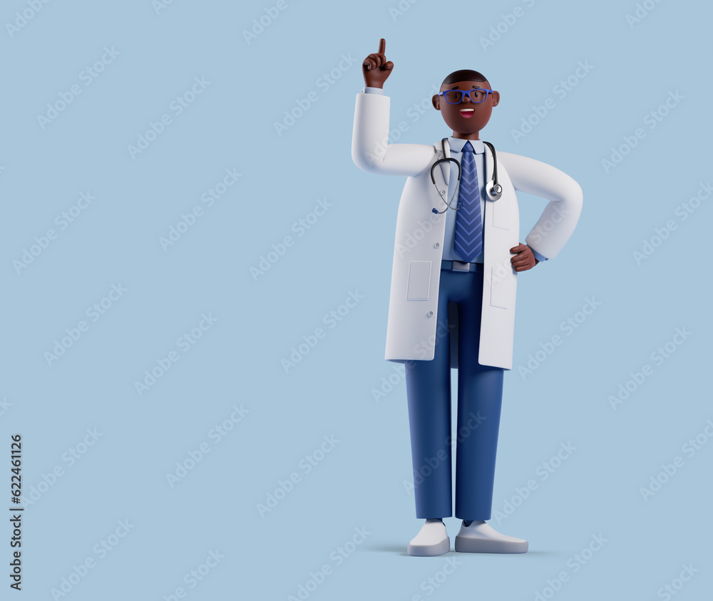 3d render, full body african cartoon character. Black doctor wears ...