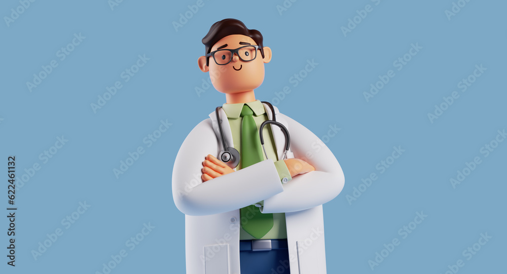 3d render, cartoon character smart confident trustworthy doctor wears ...