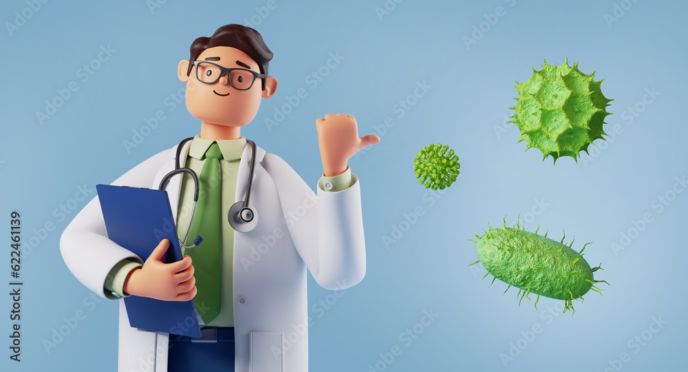3d render, cute cartoon character doctor wears glasses and shows green ...
